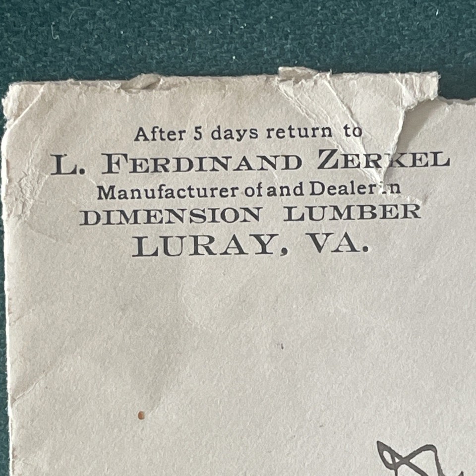 1909 Cover L Ferninand Zerkel Dimension Lumber Luray Virginia To New ...