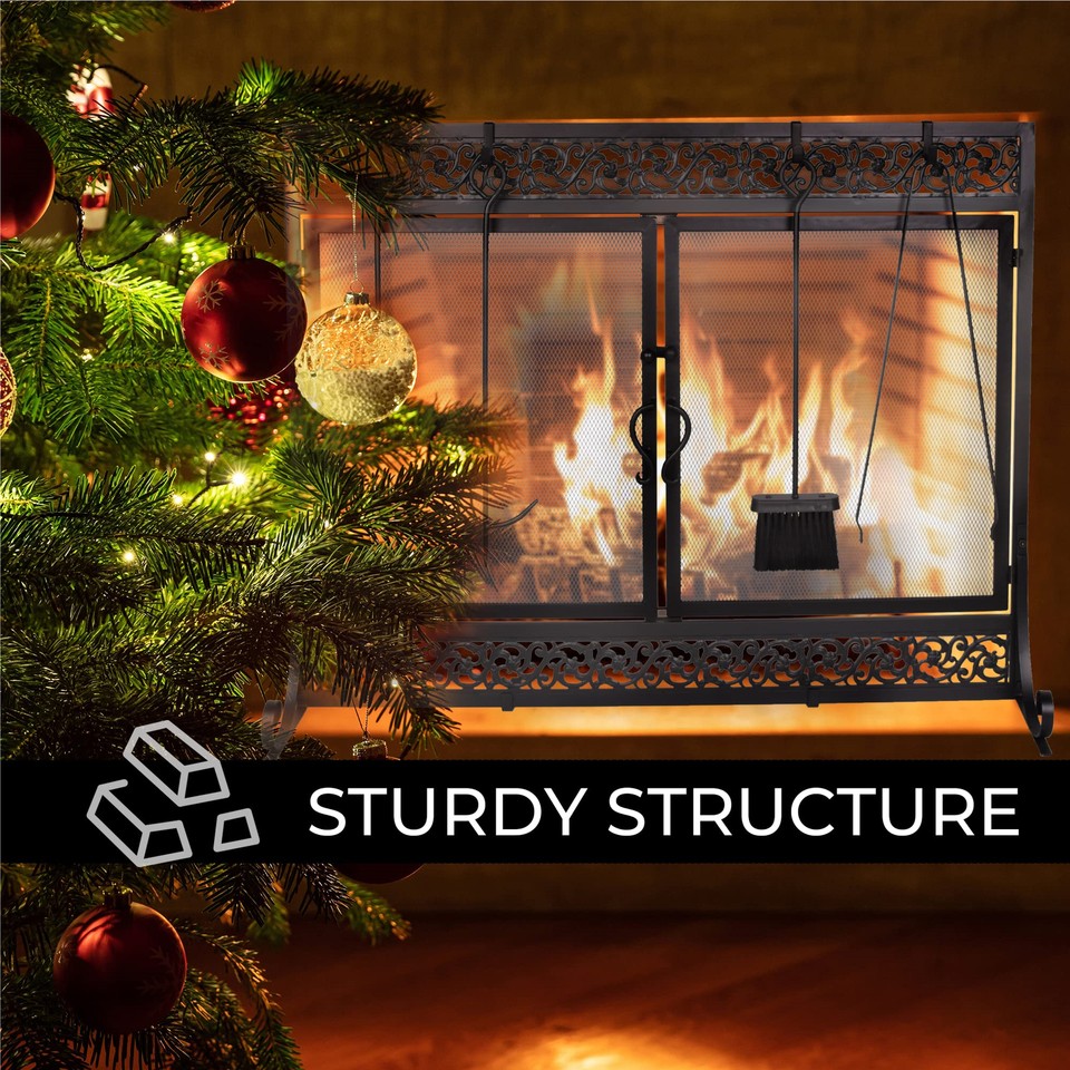 Plow & Hearth Metal Fireplace Screen Scrollwork Black Double Door 39 ...