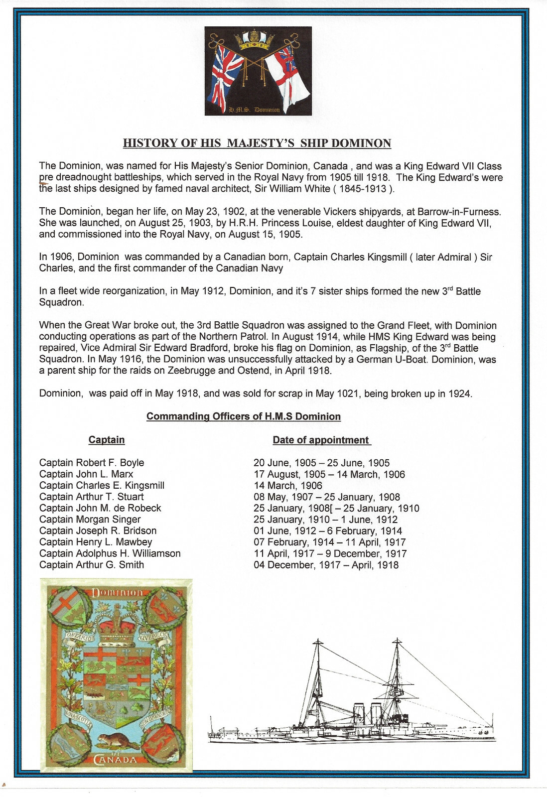 ROYAL NAVY BATTLESHIP HMS DOMINION PHOTOGRAPH WITH STATS & HISTORY ...