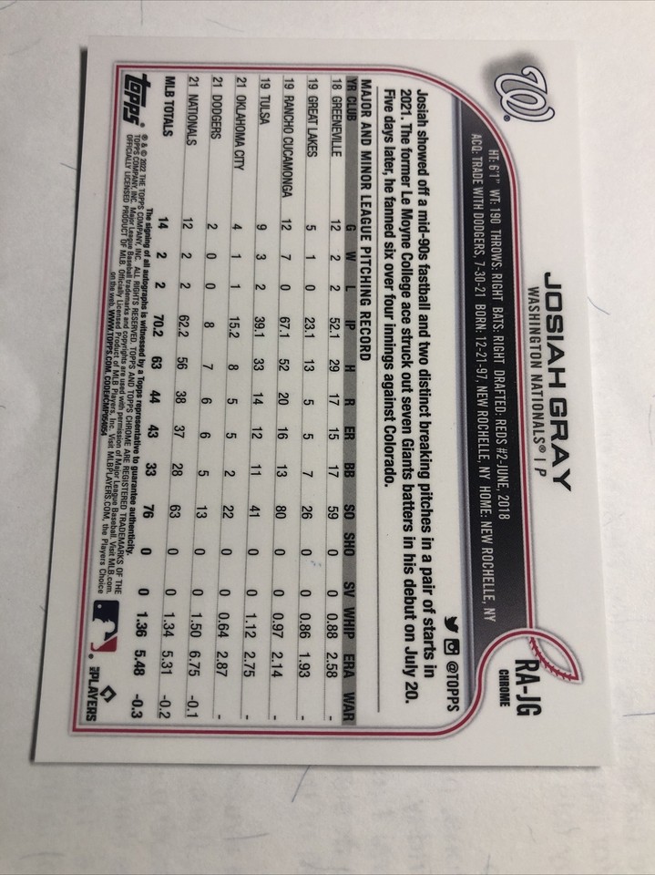 Josiah Gray 2022 Topps Chrome Signed On-Card Auto Rookie Card RC ...