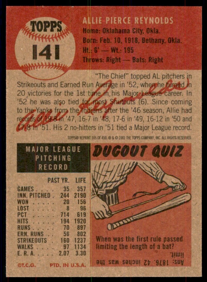 2001 Topps Archives Baseball Card Allie Reynolds New York Yankees #141 ...