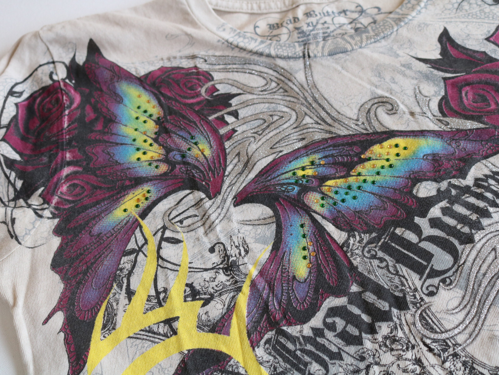 Brad Butter Womens XL Shirt Dress Roses Butterfly Gray Cap Sleeve Crew ...