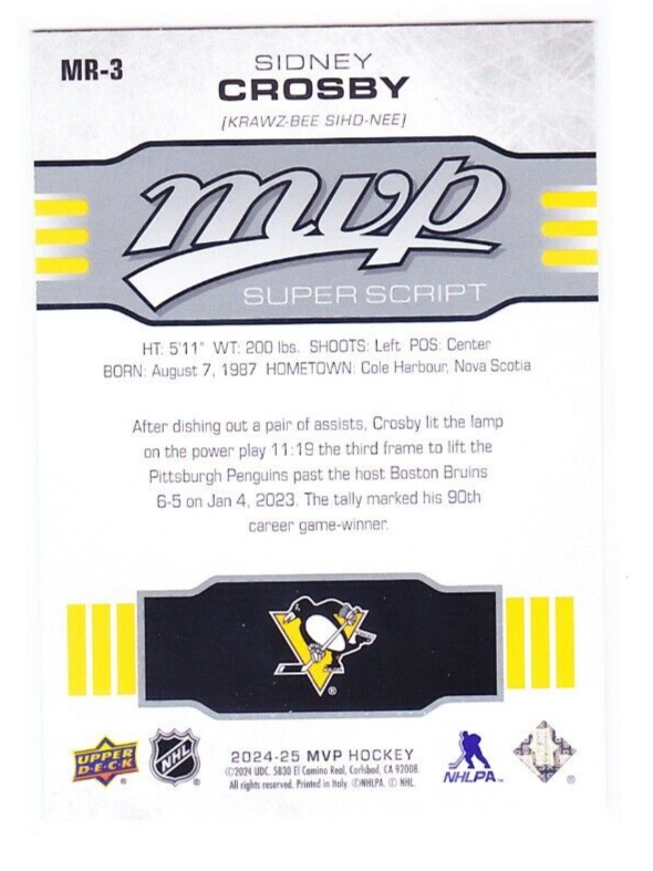 SIDNEY CROSBY # 11/25 MR-3 Super Script 2024-25 Upper Deck MVP 10th ...