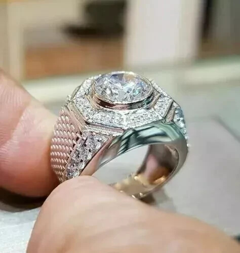 2.2Ct Round GRA Natural Moissanite Men's Wedding Band Ring 14K White ...