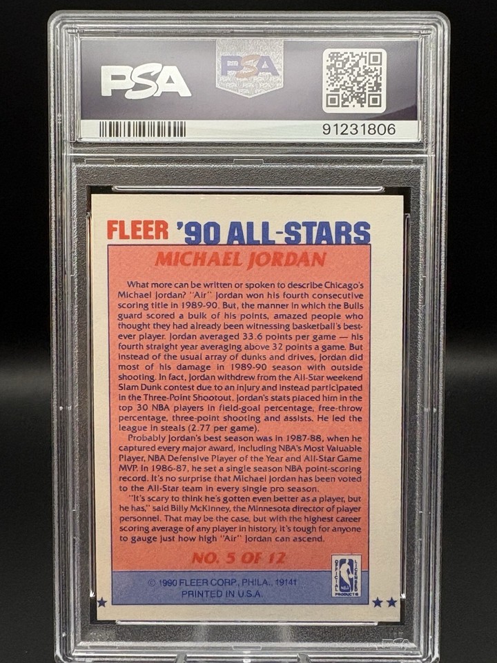 1990 Fleer All Stars MICHAEL JORDAN Chicago Bulls Card #5 Graded PSA 9 ...