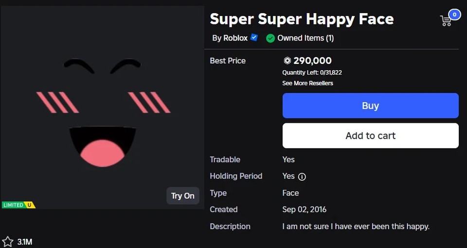 Roblox Super Super Happy Face and Black Iron Horns | eBay
