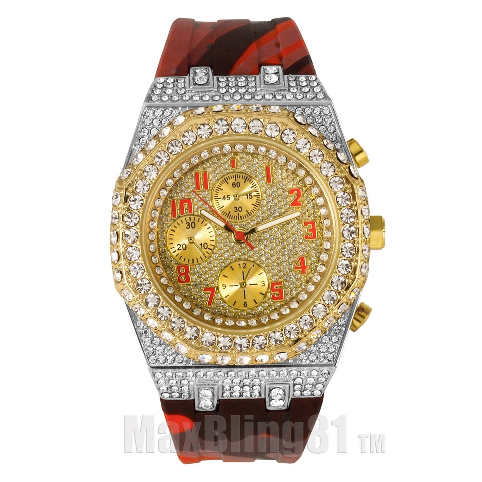 HIP HOP ICED SILICONE BAND LUXURY SIMULATED DIAMOND BLING OCTAGON BEZEL ...