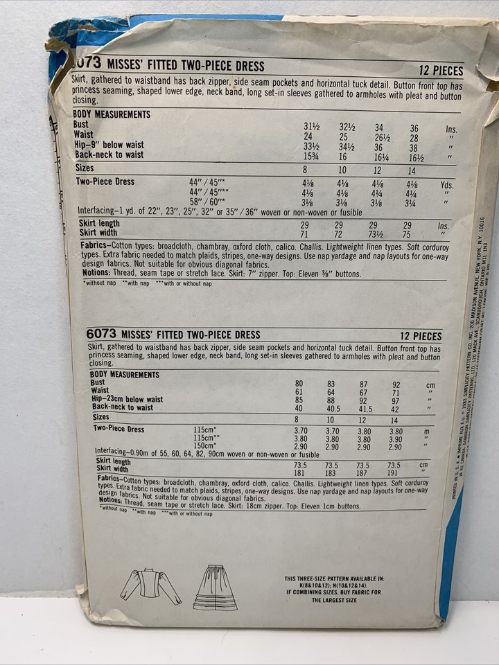 Simplicity 6073 Misses Fitted Dress Sewing Pattern 10-14 *Uncut* | eBay