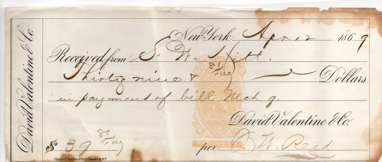 US Revenue Stamps - 1869 receipt on revenue stamped paper RN-B20 (M68 ...