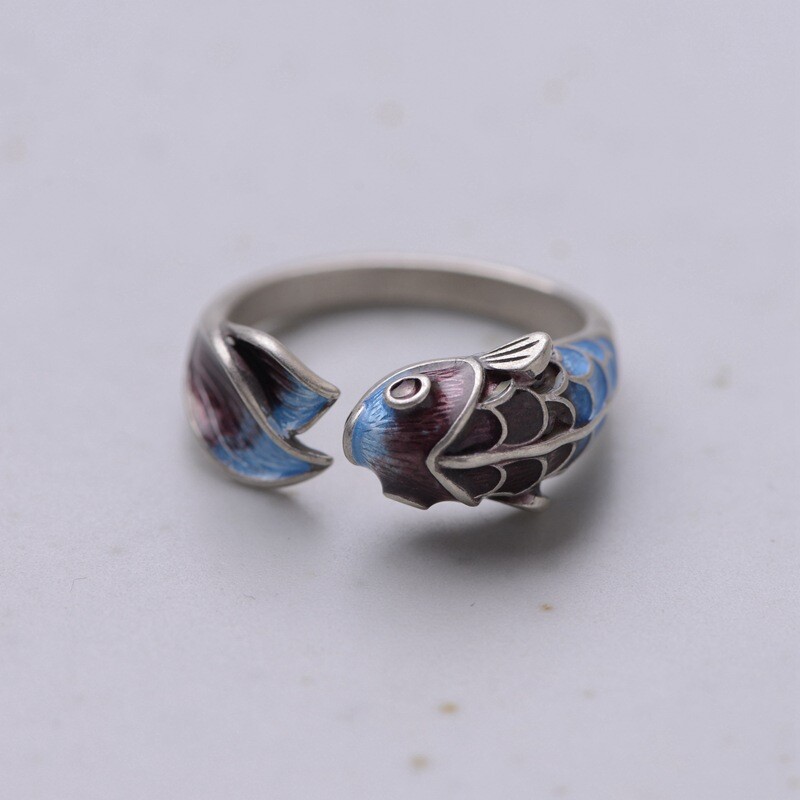 S925 Sterling Silver Vintage Enamel Lucky Carp Ring Blue & Purple ...