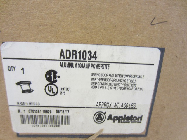 Appleton ADR1034 Powertite Grounding Style 2 Polarized Receptacle, 100A ...