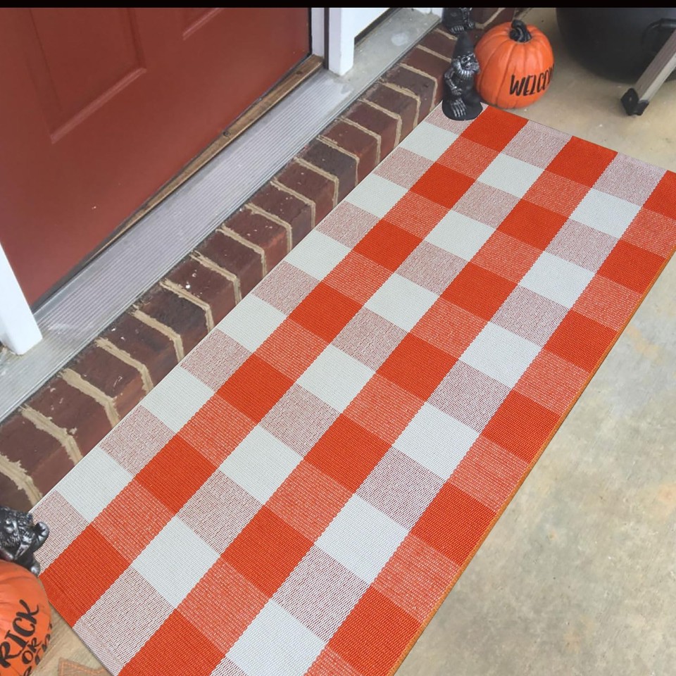 Fall Outdoor Rug Orange Buffalo Plaid Outdoor Rug Cotton Hand-Woven ...