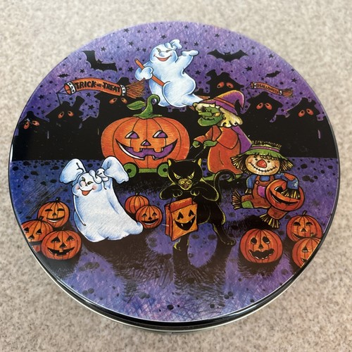 Halloween 6 1/2” Round Tin Box Ghosts Jack-O-Lanterns Witch Scarecrow ...