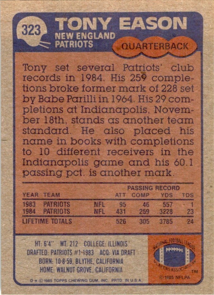 1985 TOPPS; TONY EASON. NEW ENGLAND PATRIOTS #323 | eBay