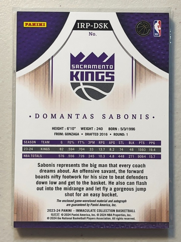 Domantas Sabonis 2023-24 Panini Immaculate /25 Patch Auto Autograph ...