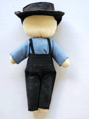 AMISH PLUSH FACELESS RAG DOLL 11" STUFFED MALE IN OVERALLS PRIMITIVE ...