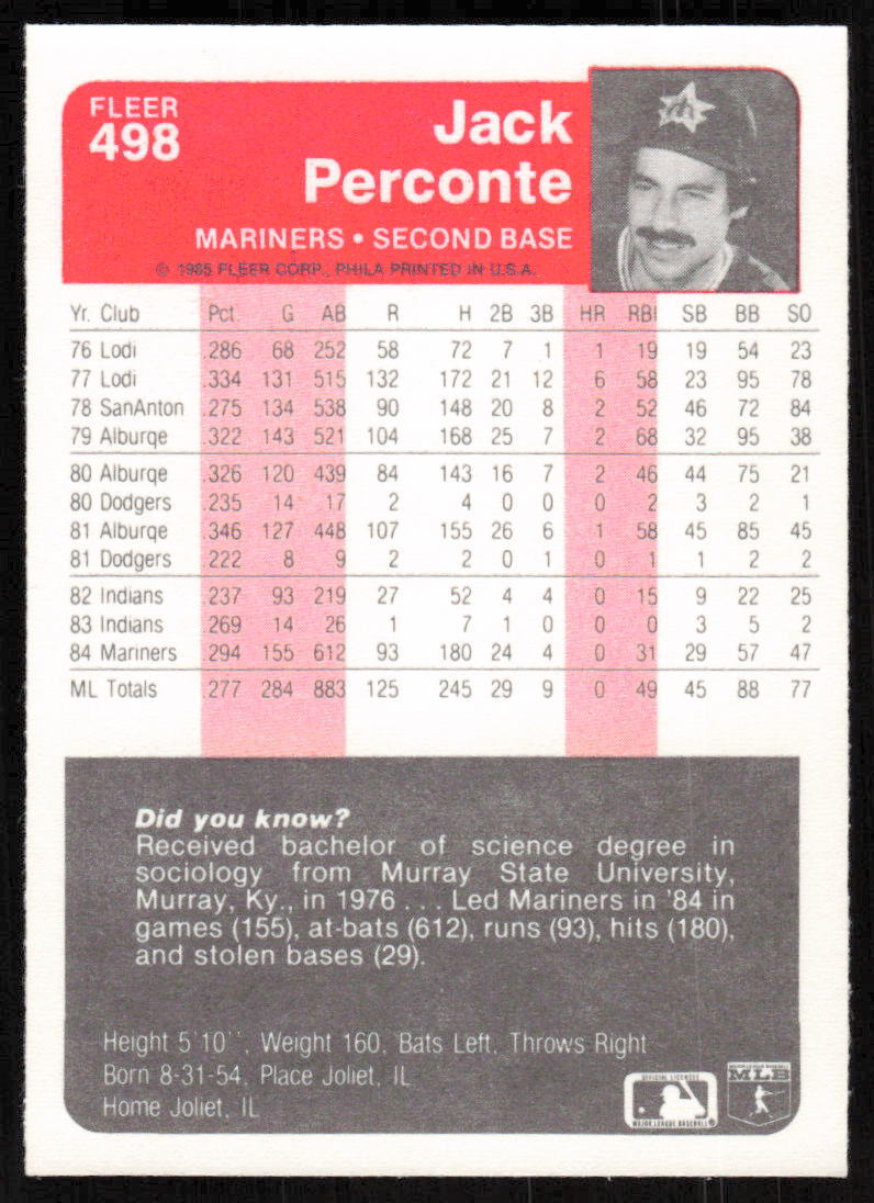 1985 Fleer - #498 Jack Perconte for sale online | eBay