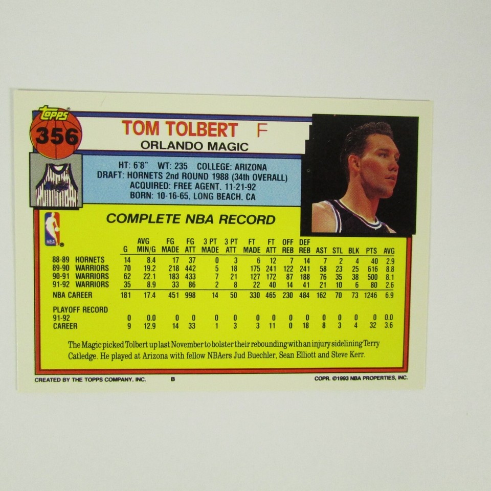Tom Tolbert NBA Basketball Card (Orlando Magic) 1992-93 Topps # 356 | eBay