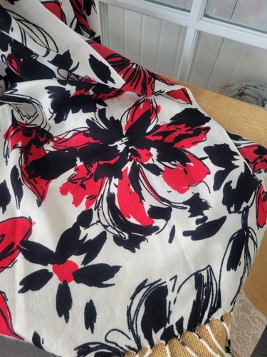 Women's Red & Black on Cream Floral Scarf, Acrylic Fringed Shawl Wrap ...