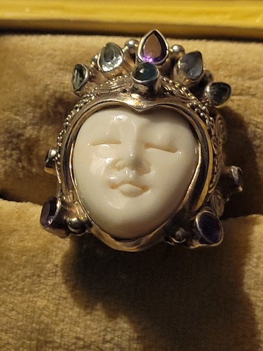 Bali Goddess Carved Face. Multi Colored Stones Sterling Ring Size 7 ...