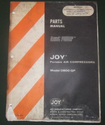 JOY D800 QP QUITE POWER AIR COMPRESSOR PARTS MANUAL BOOK CATALOG | eBay