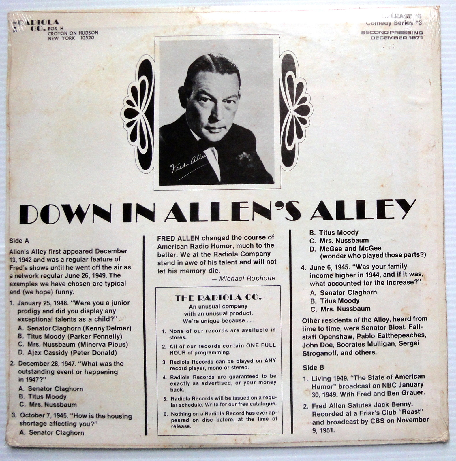 FRED Allen Down In Allen's Alley LP Comedy SEALED | eBay UK
