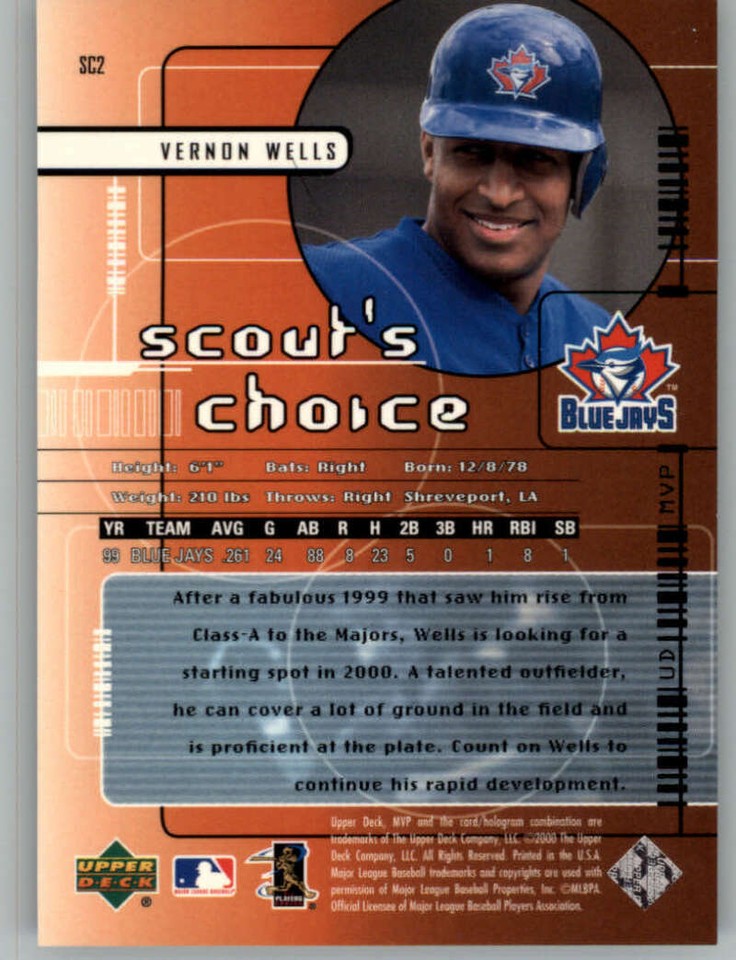 2000 Upper Deck MVP Scout's Choice #SC2 Vernon Wells NM-MT Blue Jays | eBay