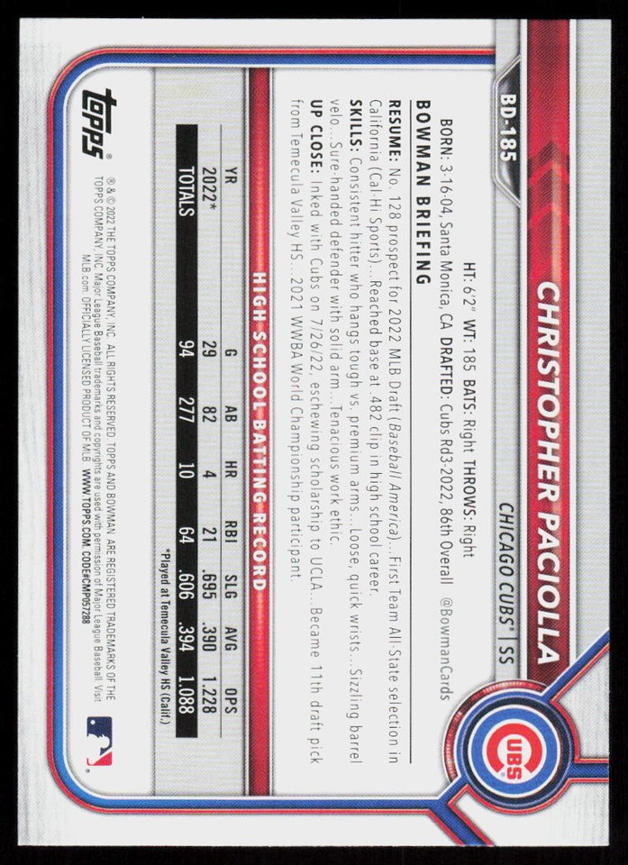 2022 Bowman Draft 1st Edition Christopher Paciolla #BD-185 BASEBALL ...