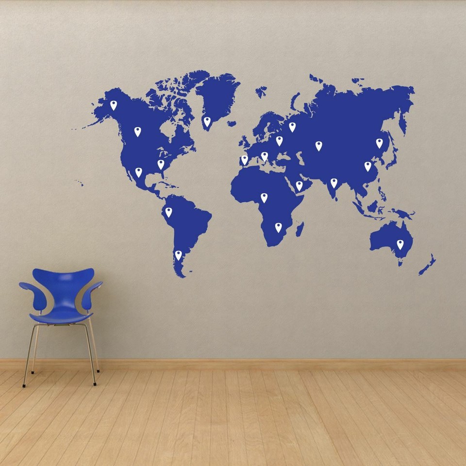 World Map Vinyl Wall Decal Sticker. Includes Location Pins. Office Wall ...