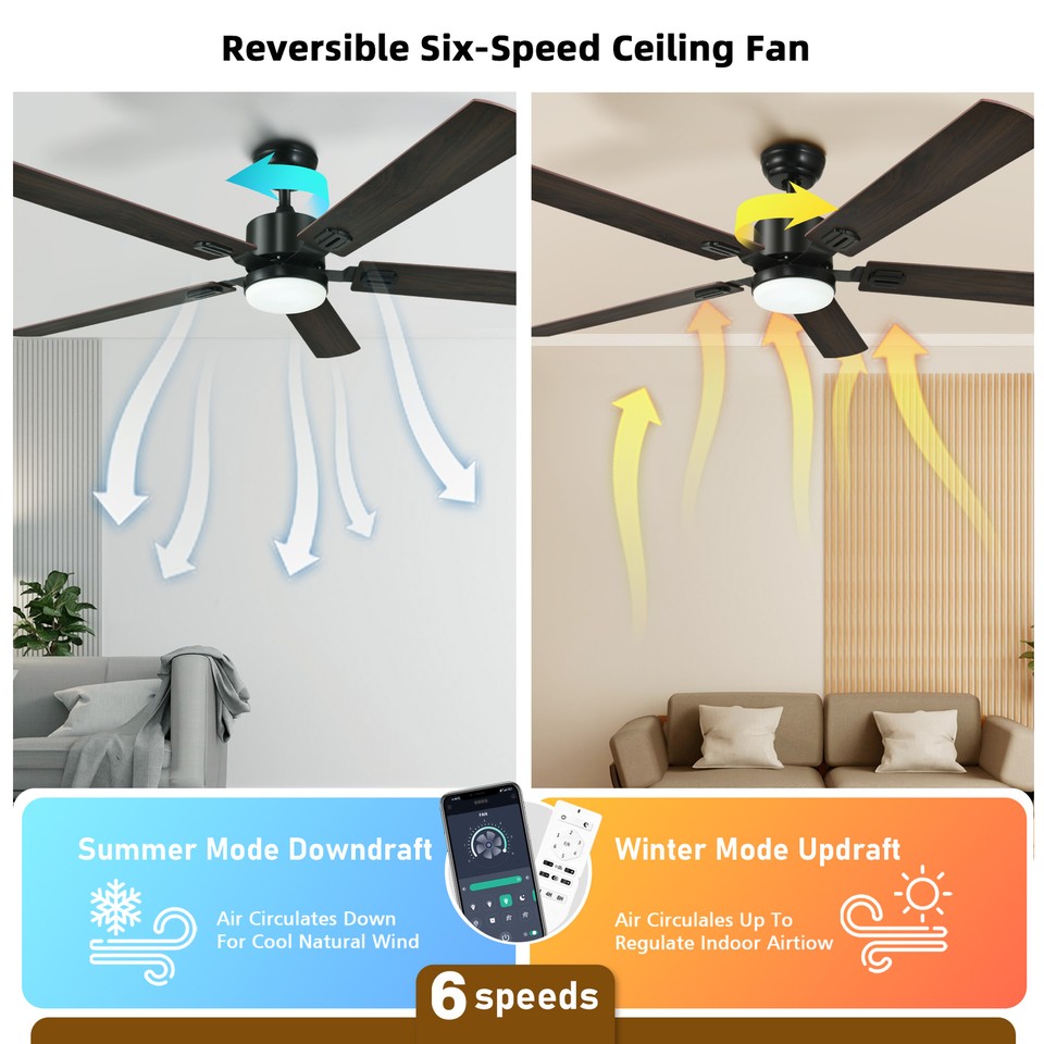 60 Inch Smart Ceiling Fan with Light Remote & APP Control Reversible 6 ...