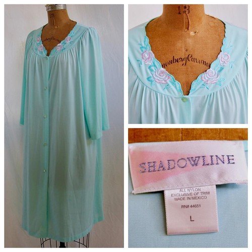 SHADOWLINE Blue Green Nylon Silky Button Front V Neck Robe Floral Applique L | eBay