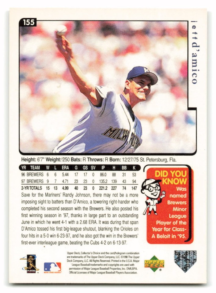 Jeff D'Amico 1998 Collector's Choice BASEBALL #155 Milwaukee Brewers | eBay