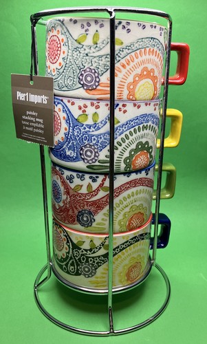 Pier One Imports Stacking Set 4 Paisley Mugs Cups Stoneware 21889 ...