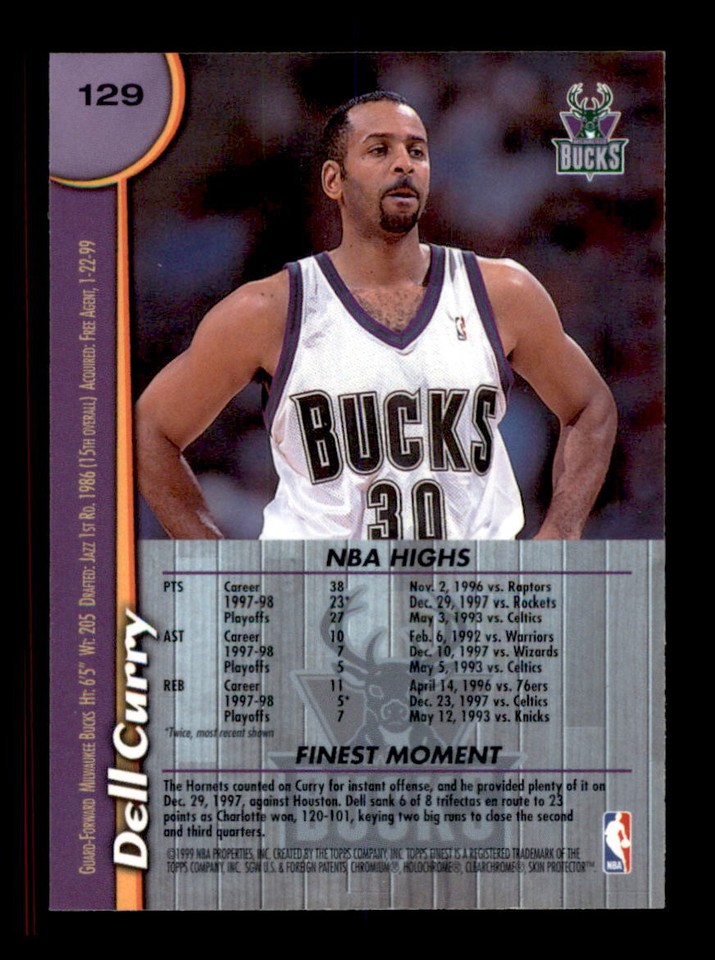 1998 Basketball Finest Dell Curry Milwaukee Bucks #129 | eBay