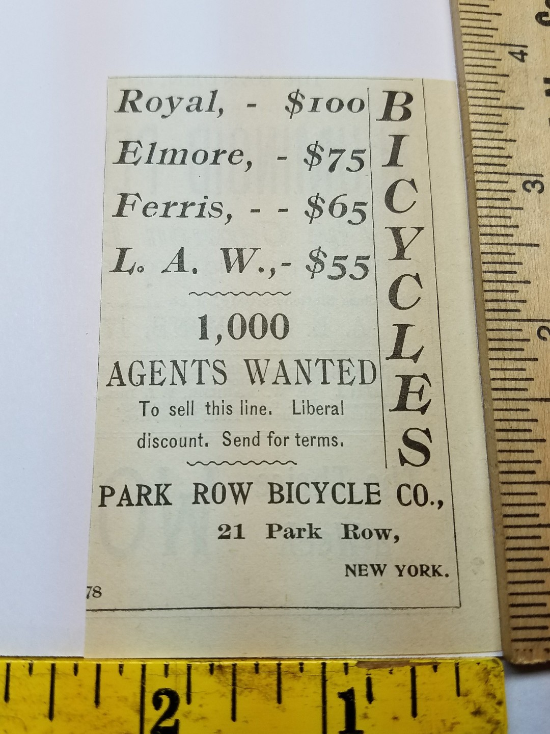 NEAT OLD 1896 Ad Advertising PARK ROW BICYCLE Co Royal Elmore Ferris ...
