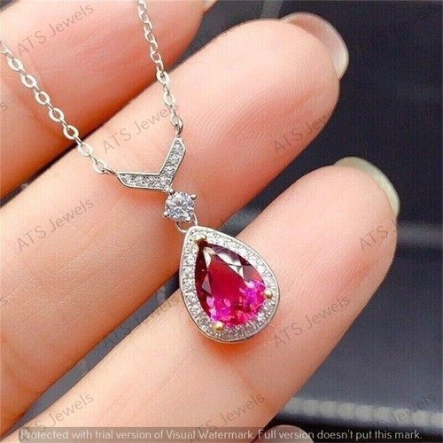1.50CT Pear Cut Lab-Created Ruby Teardrop Pendant Chain Real 925 ...