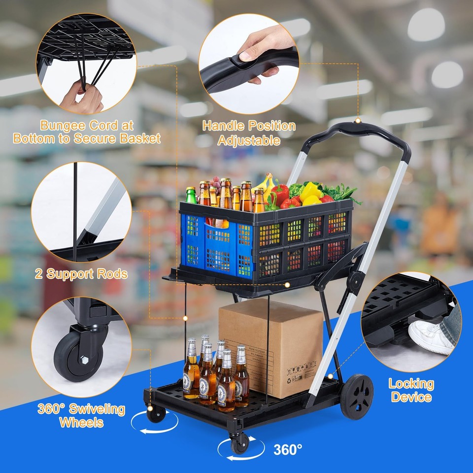 Collapsible Shopping Cart 2 Tier Rolling Storage Cart w/ Removable ...