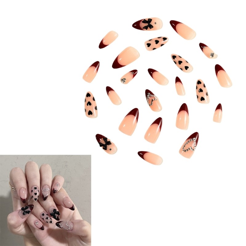 Almond Press on Nail Bows Design French Tip Fake Nail Glues on Nail Set ...