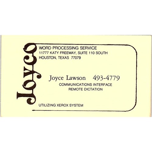 Joyco Word Processing Service Joyce Lawson Houston TX Business Card ...