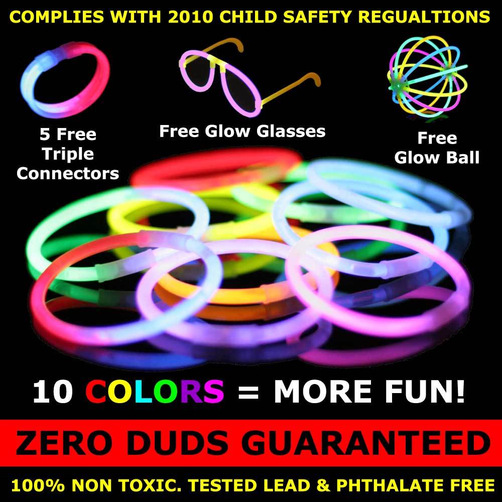 100 Premium 8" Glow Stick Bracelets (with bonus connectors, glow ...
