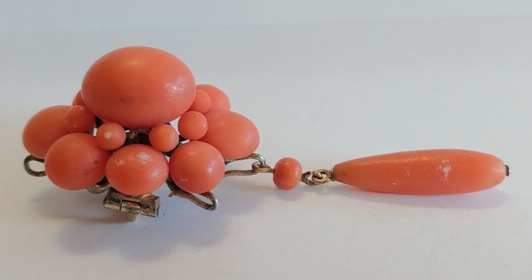 ANTIQUE VICTORIAN ERA CORAL DANGLE PIN BROOCH - Gem