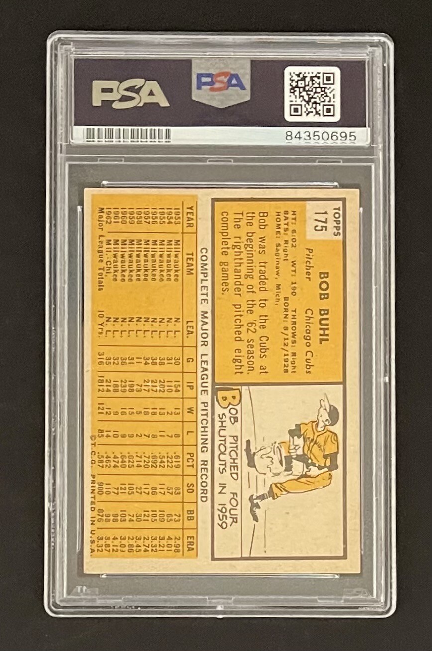 Bob Buhl Signed 1963 Topps Baseball Card Autographed Slabbed PSA/DNA ...