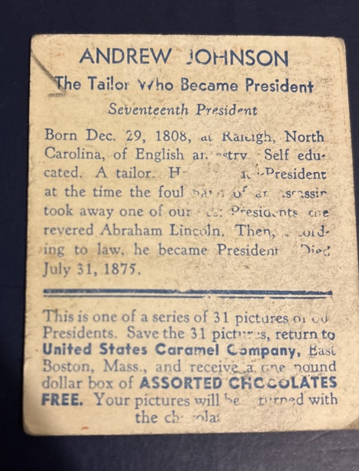 1932 U.S. Caramel Presidents Card Andrew Johnson ORANGE Variation R114 ...