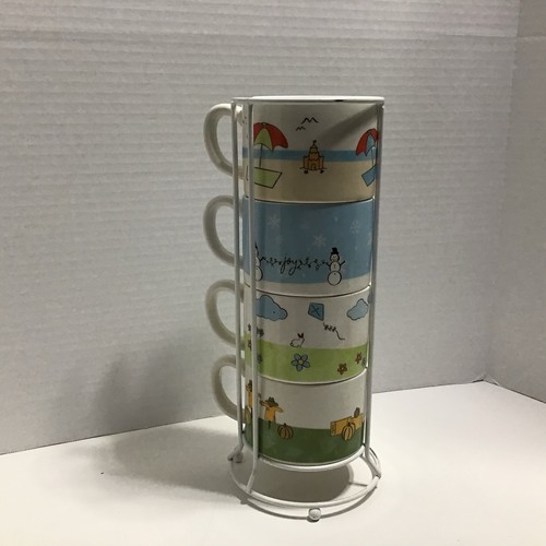 White River Camping Seasons 4-piece Ceramic Stacking Mug Set With And Wire Rack | eBay