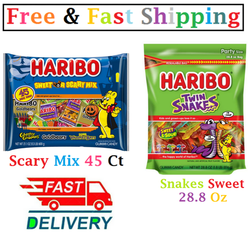 Haribo Sweet or Scary Mix Treat Pack 45 Count &Snakes Sweet & Sour ...
