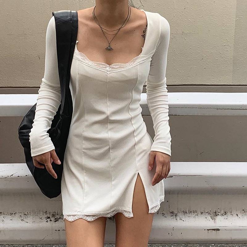 Women Dress Mini Ladies Basic Side Split Black Dress Lace Autumn Square ...
