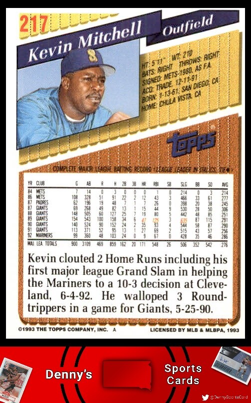 1993 Topps #217 Kevin Mitchell Seattle Mariners Baseball Card | eBay