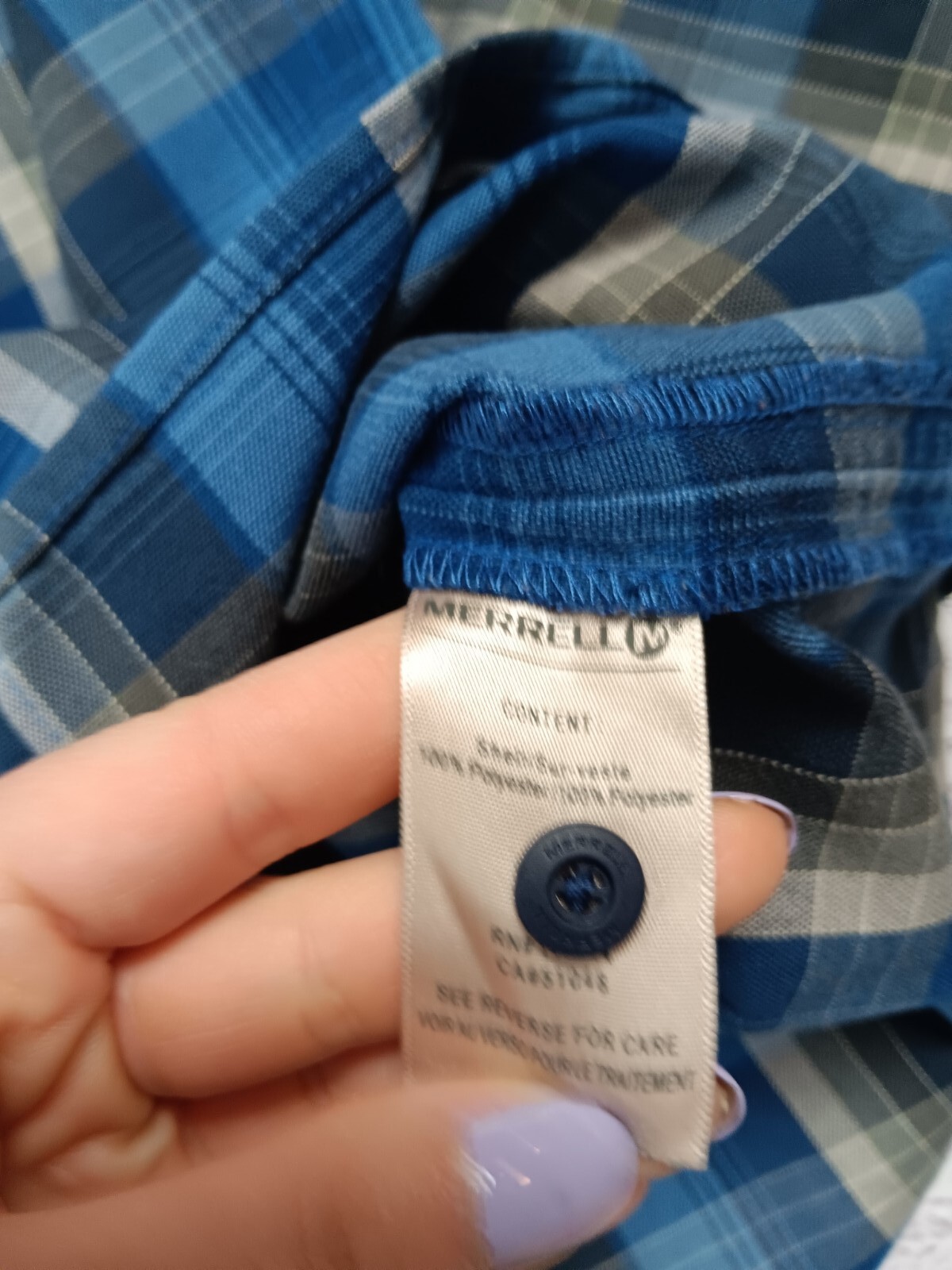 Merrell Shirt Men’s Large Blue Plaid UPF 30+ Opti Wick Hiking Camping ...