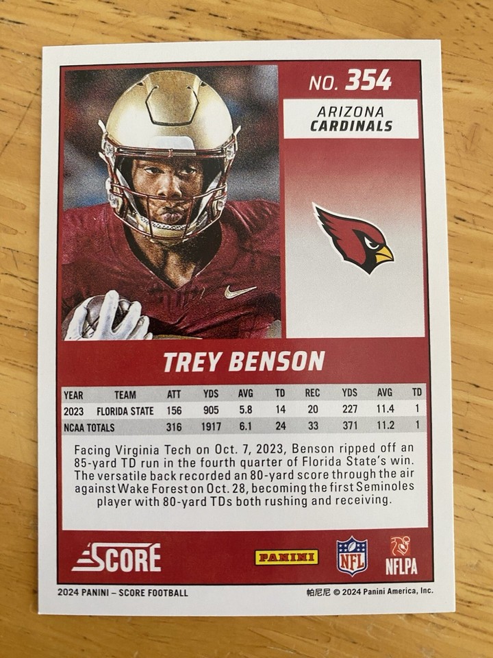 Trey Benson 2024 Score Arizona Cardinals Rookie RC Card #354 | eBay