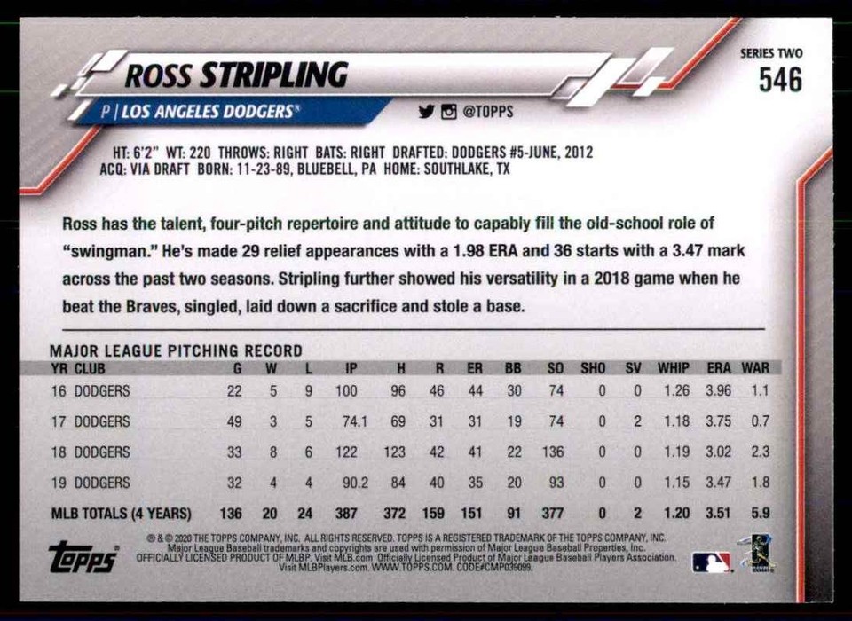 Ross Stripling 2020 Topps #546 137133 | eBay